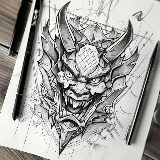 Contemporary flat tattoo sketch of a Japanese demon with geometric ...