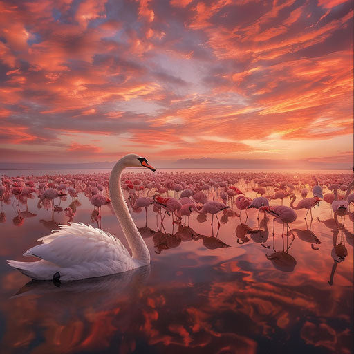 Swan among flamingos in a salty lagoon at dawn – IMAGELLA
