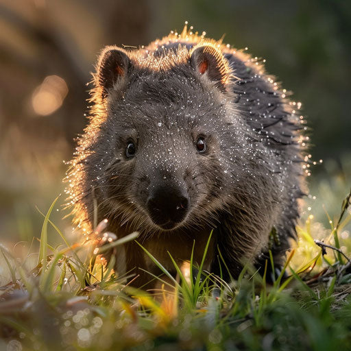Close-up portrait of a wombat with dew-covered fur emerging from burrow ...