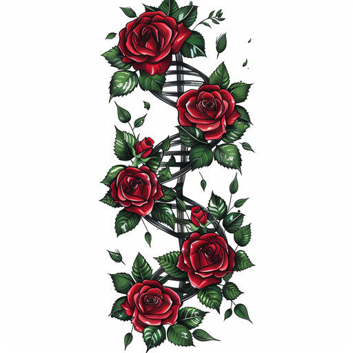 Romantic DNA tattoo with red roses and green leaves – IMAGELLA
