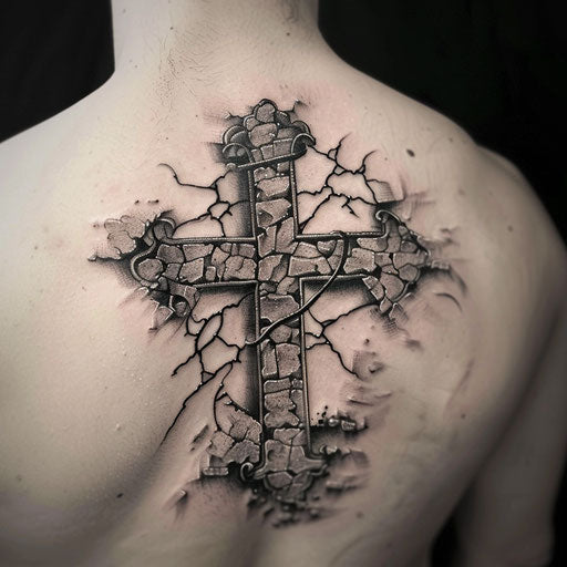 Gothic-style strength cross tattoo with detailed stonework and shadows ...