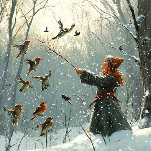 The elf leads a choir of singing birds in the snowy woodland – IMAGELLA