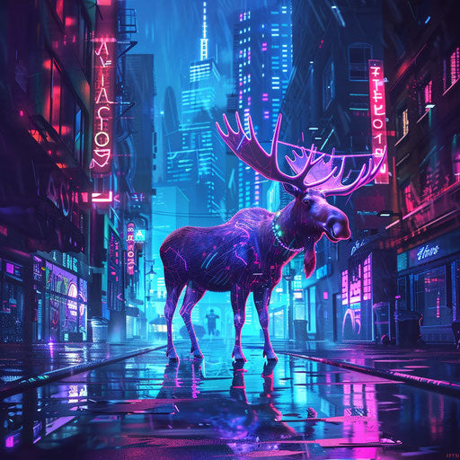 A neon moose in a futuristic cityscape at night – IMAGELLA