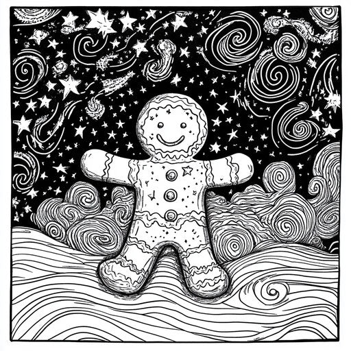 Gingerbread man under a starry night sky, Teagan White style, coloring ...