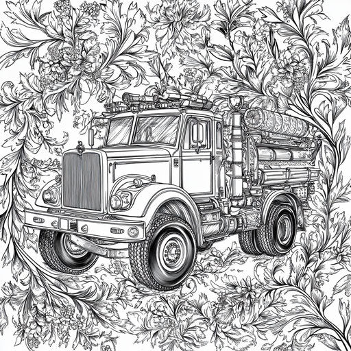Fire truck surrounded by intricate botanical designs – IMAGELLA