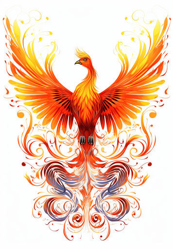 An orange phoenix on white background, vividly bold designs – IMAGELLA