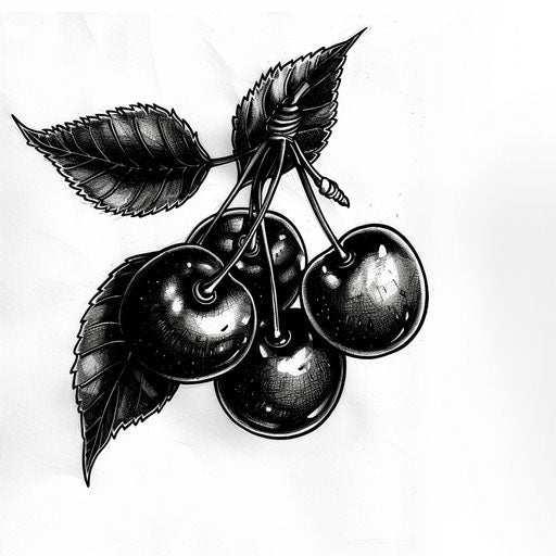 Dark gothic cherry tattoo with black leaves presented as ink drawing on ...
