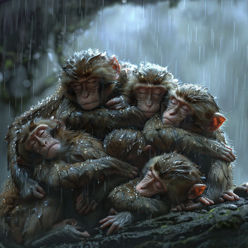 Monkeys huddling in the rain – IMAGELLA