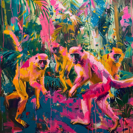 Vibrant tableau of monkeys painting abstract art on jungle floor – IMAGELLA