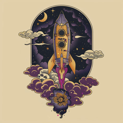 Whimsical flat tattoo sketch of a fairy-tale rocket – IMAGELLA