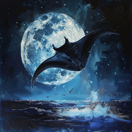 Manta ray leaping out of water under a full moon – IMAGELLA