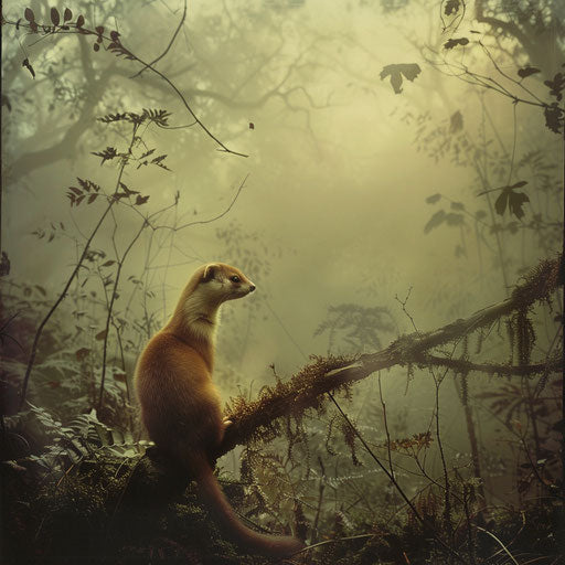 A ferret's journey through a misty forest in the style of Frans Lanting ...