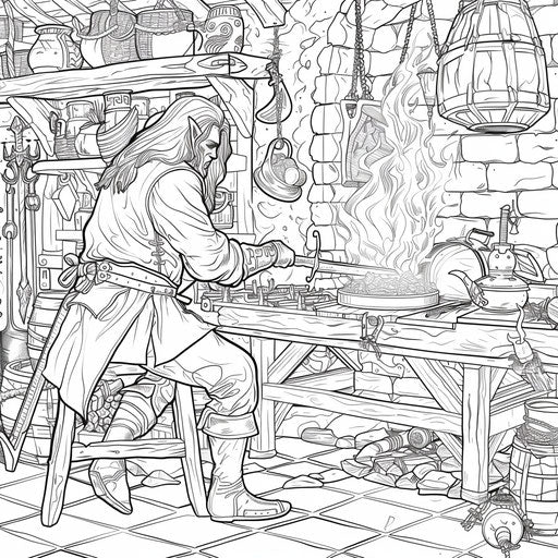 An elf blacksmith forges a magical weapon in a detailed workshop – IMAGELLA