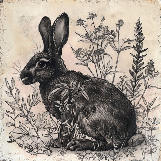 Tranquil black rabbit tattoo sketch in peaceful garden – IMAGELLA
