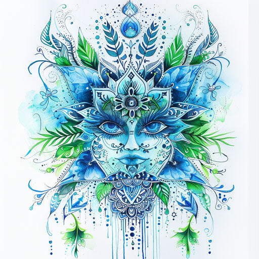 Intricate unalome and mandala tattoo, blue and green shades – IMAGELLA