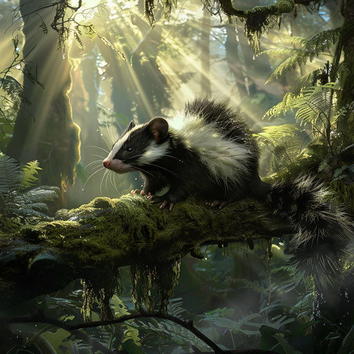An eastern spotted skunk on a moss-covered log in a dense, old-growth ...