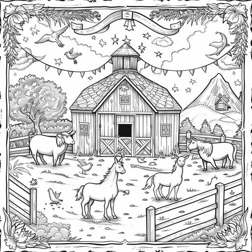 A playful countryside celebration with animals in the style of Teagan ...