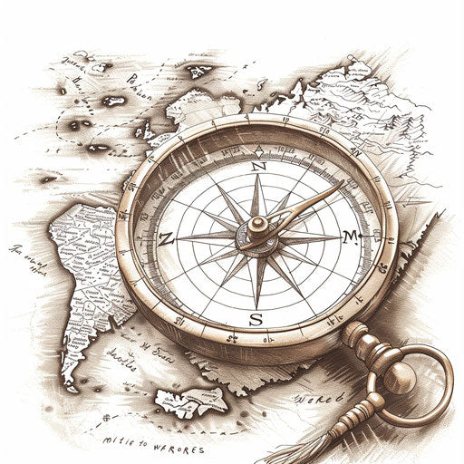 Detailed cartography, compass and map on white background – IMAGELLA