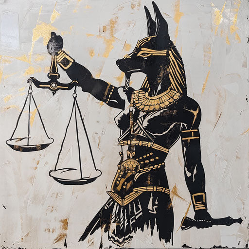 Anubis with scales of justice, stencil style drawing on a white canvas ...