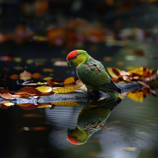 Curious parrot watching its reflection in a calm pond – IMAGELLA