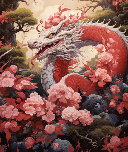 Red and white dragon, birds & flowers style, tattoo inspired – IMAGELLA