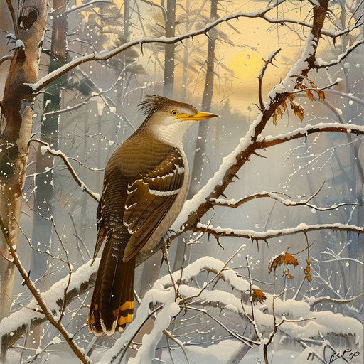 The striking contrast of a yellow billed cuckoo against the snowy ...
