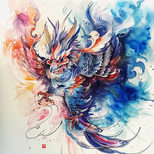Watercolor tattoo sketch of a Tengu with flowing colors and a ...