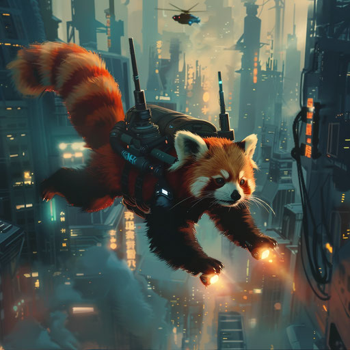 Red panda flying with jetpack over futuristic city at dusk – IMAGELLA