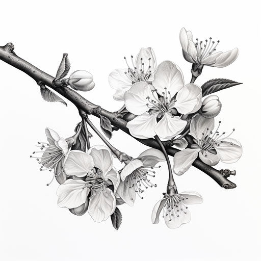 Black and white illustration of a cherry blossom, in the style of ...