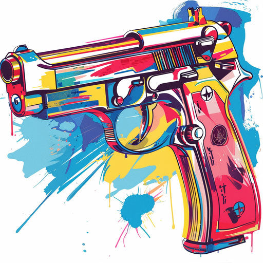 Pop art tattoo of cartoonish gun with bold outlines and colors on white ...