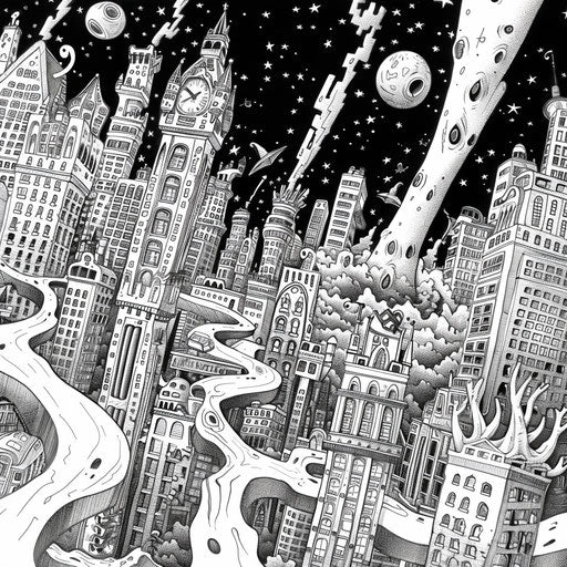 Detailed, creepy trippy cityscape in the style of Stephen Wiltshire ...