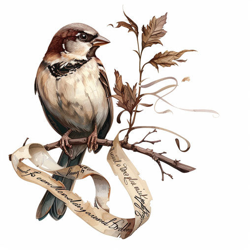 Sparrow entwined with a ribbon displaying a meaningful quote, in ...