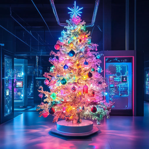 Futuristic Christmas tree in a tech lab, interactive ornaments – IMAGELLA
