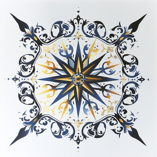 Neo-traditional compass rose, navy blue and gold on white – IMAGELLA