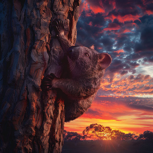 Wombat climbing a tree with a stunning sunset behind – IMAGELLA