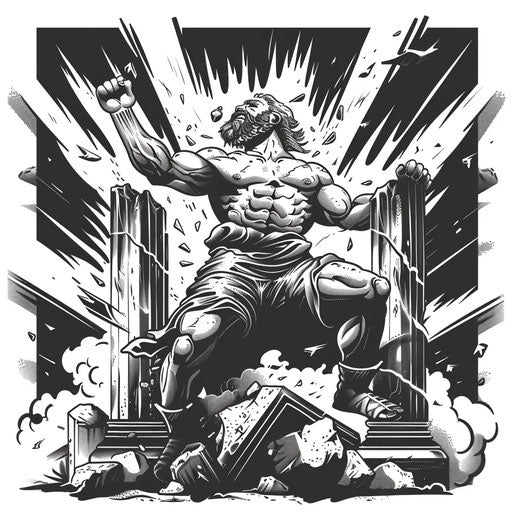 Flat tattoo sketch of Samson destroying the temple – IMAGELLA