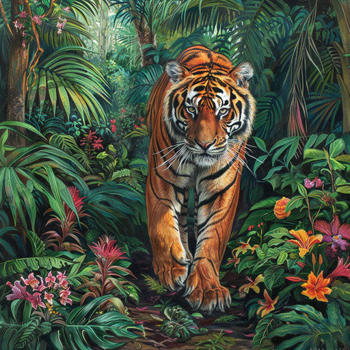 Vibrant Sunda tiger in tropical forest with exotic flowers – IMAGELLA