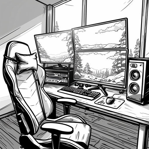 Computer workstation with dual monitors and gaming chair. Coloring book ...