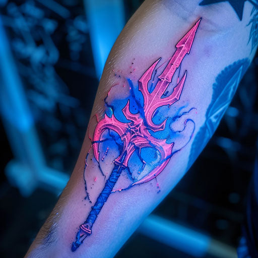 A cyberpunk trident tattoo glowing with neon pink and blue – IMAGELLA