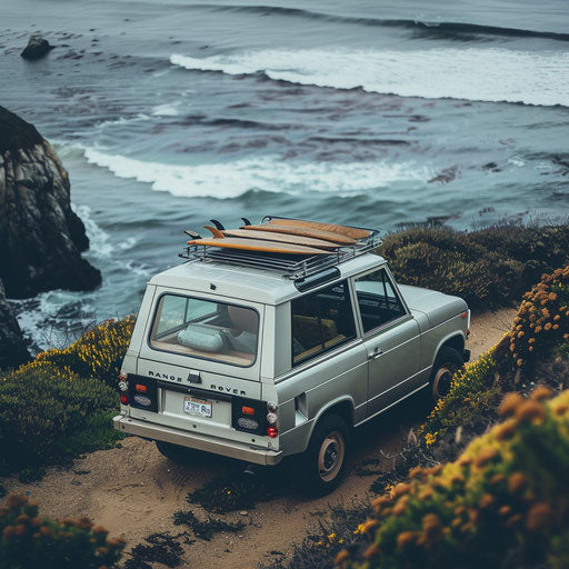 On a coastal road, a 1980 Range Rover on a cliff with surfboards – IMAGELLA