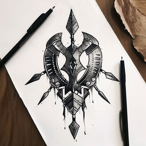 Black ink drawing of an African warrior shield and spears tattoo design ...