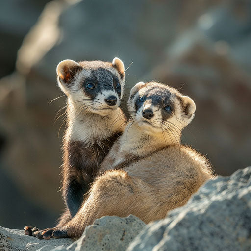 Two black-footed ferrets grooming on a warm sunny rock – IMAGELLA