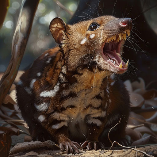 A Tasmanian devil yawning, displaying its impressive teeth, in a ...