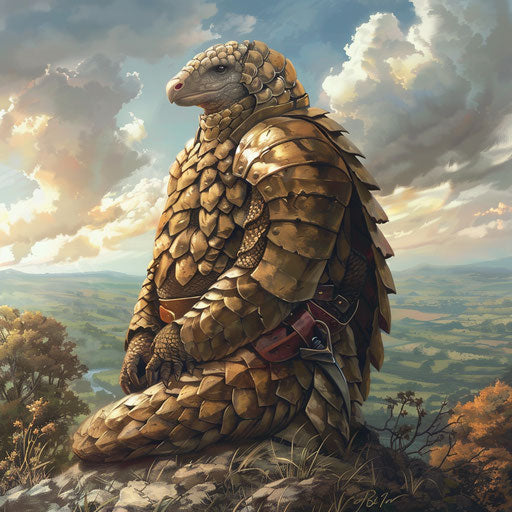 A pangolin knight in shining armor, standing heroically atop a hill ...