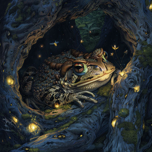 Western leopard toad nestled in a tree, surrounded by fireflies at ...
