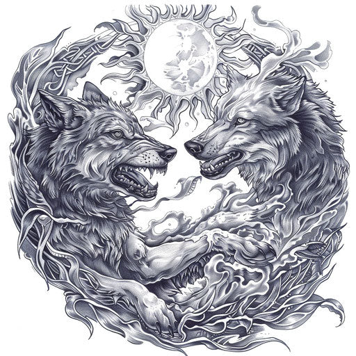 Norse mythology-inspired tattoo with wolves chasing sun & moon – IMAGELLA