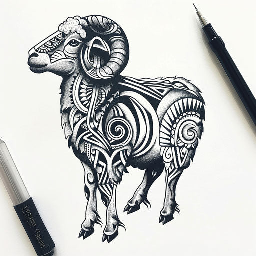 Exotic flat tattoo sketch of a sheep with traditional Maori inspired ...