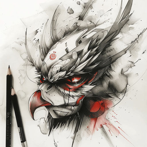Futuristic tattoo sketch of a Tengu with metallic effects and modern ...