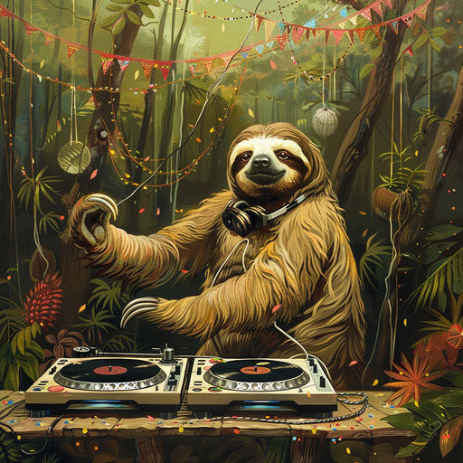 A sloth as a DJ at a lively jungle party – IMAGELLA