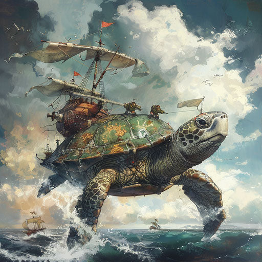 A turtle serving as a ship for tiny adventurers, sailing the high seas ...
